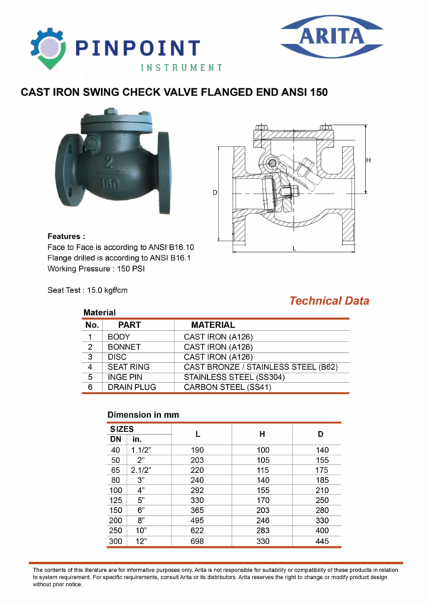 ARITA Swing Check Valve เช็ควาล์วกันกลับ | Pinpoint Instrument